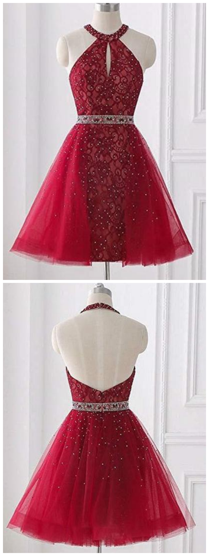 Red Halter Sleeveless Backless Lace A Line Homecoming Dresses on Luulla