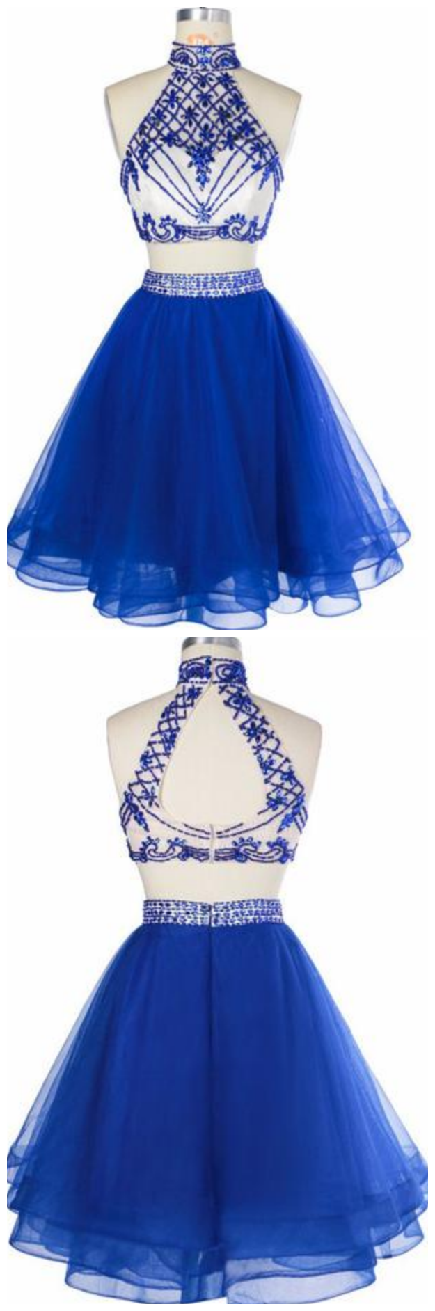 Royal Blue Halter Sleeveless Homecoming Dresses Beaded Cocktail Dress