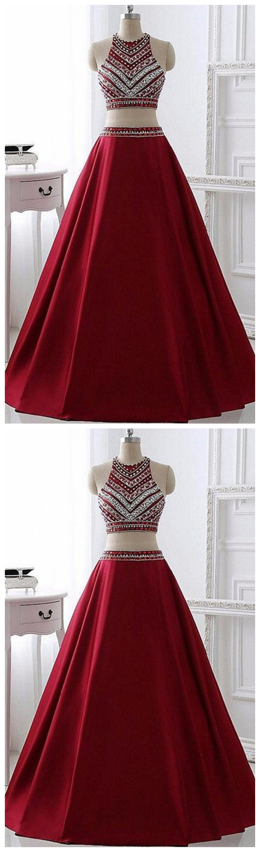 Fashion Two Piece Beaded Long Prom Dress Custom Made 2 Pieces ...