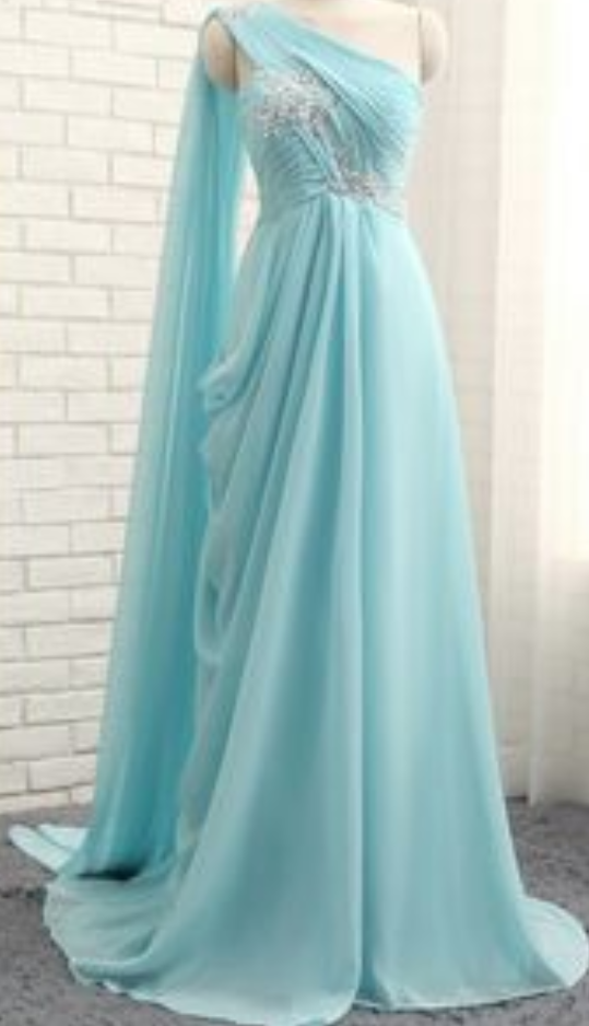 Turquoise Evening Dresses A-line One-shoulder Chiffon Beaded Crystals ...