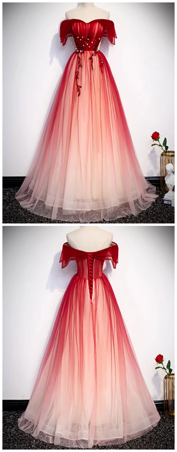 Lace Off The Shoulder Burgundy Tulle Prom Dress, Evening Dress on Luulla