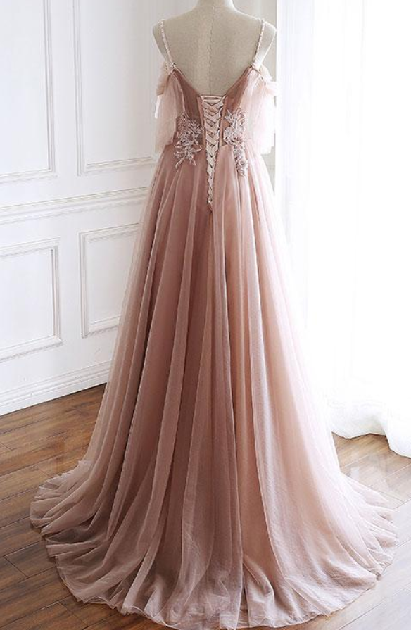 Unique Pink Tulle Lace Long Prom Dress, Pink Evening Dress, on Luulla