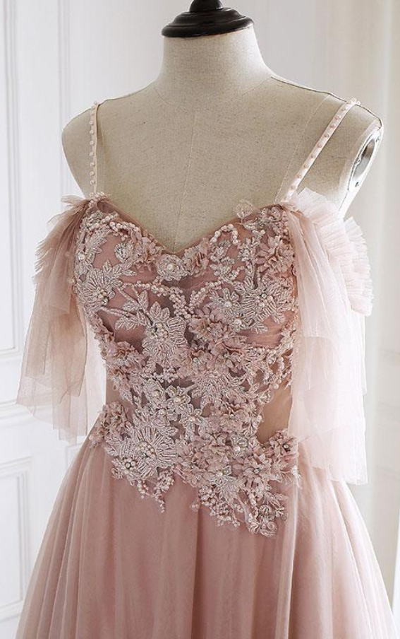 Unique Pink Tulle Lace Long Prom Dress, Pink Evening Dress, on Luulla