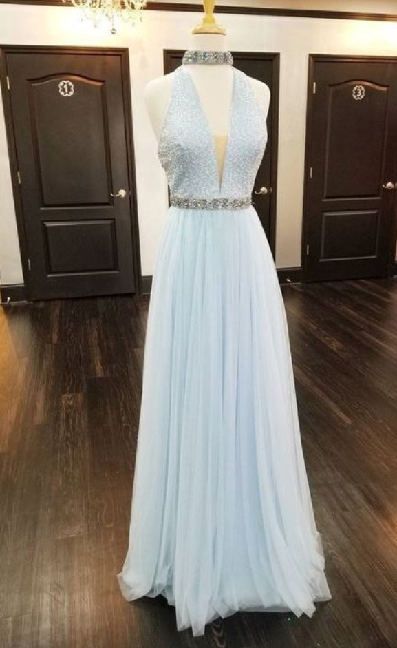 Light Sky Blue Prom Dress, Long Prom Dress, Backless Prom Dress, Halter ...