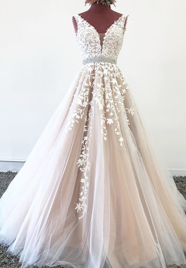 Ruby Outfit Elegant V Neck Beaded Champagne Tulle Wedding Dresses on Luulla