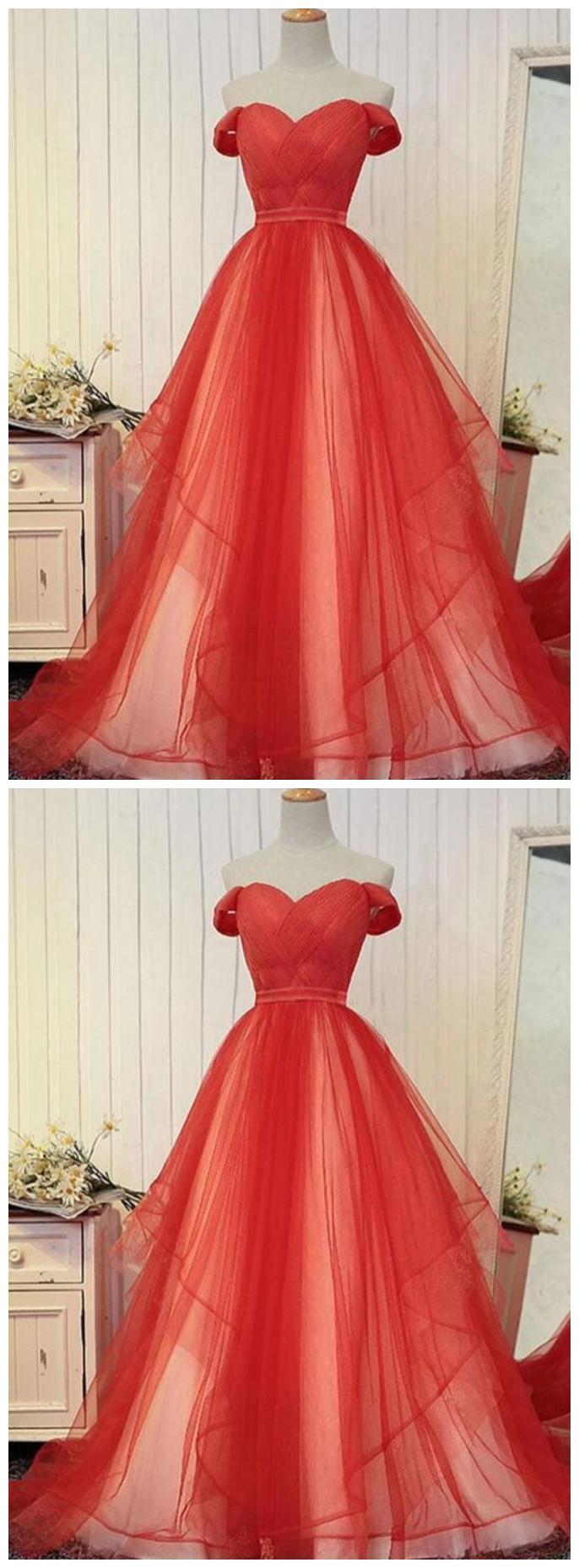 Ruby Outfit Princess Tulle Off-shoulder Long Prom Dress, Evening Gown ...