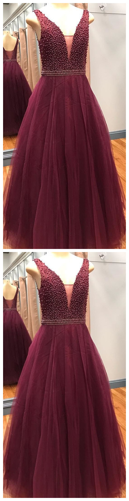 Ruby Outfit Charming V Neck Burgundy Tulle Long Prom Dress With Pearls ...