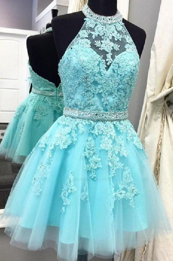High Neck Wedding Dress Lace Open Back High Neck Short Homecoming Dress ...