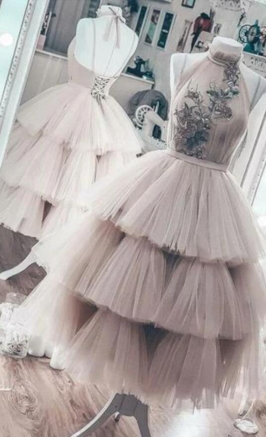 Unique Short Layered Tulle High Neck Backless Short Prom Dress ...