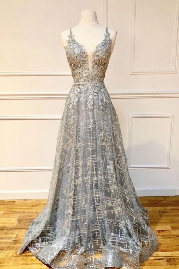 Lace Long Dress, Long V Neck Halter Prom Dress on Luulla