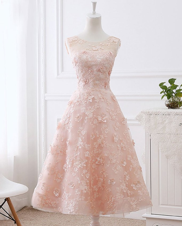 Pink Lace Tulle Tea Length Prom Dress, Lace Evening Dress on Luulla