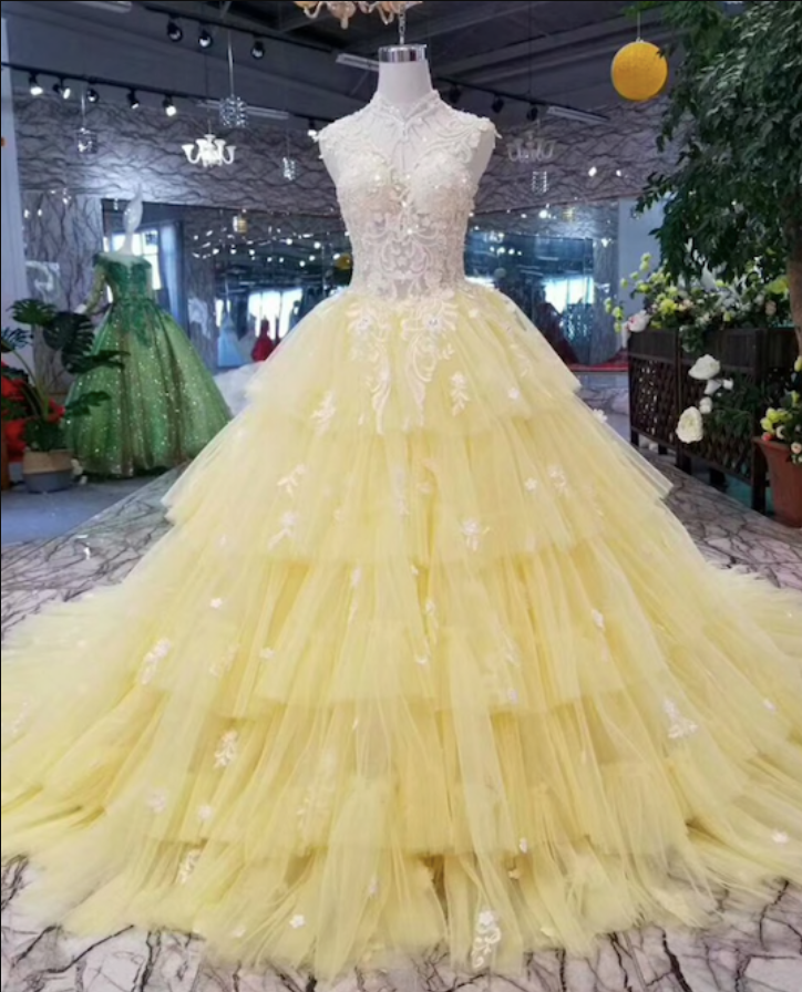 Vintage Yellow Prom Dresses Ball Gown Tiered Lace Applique Elegant ...