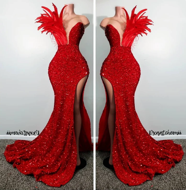 Sequin Red Prom Dress With Feathers, Red Long Mermaid Prom Gown ...
