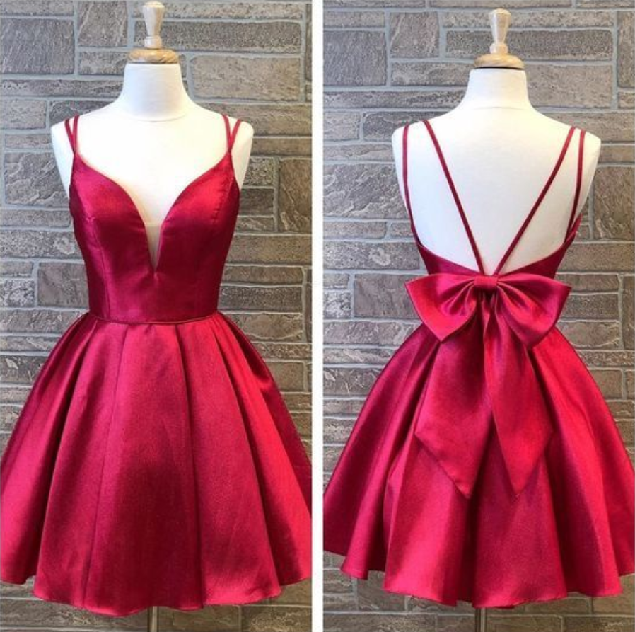 Prom Dresses,straps Satin Homecoming Dress With Bow Back,simple Short ...