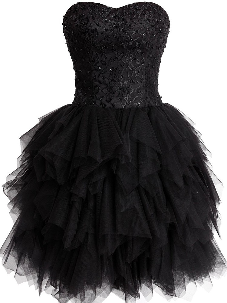 Cute Black Strapless Ruffled Homecoming Cocktail Dress, Short Prom ...