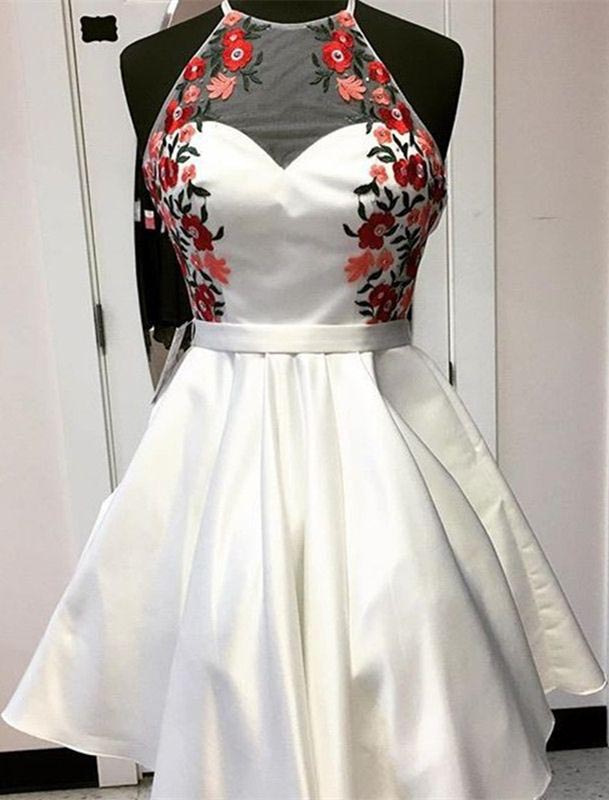 A-line Round Neck Backless Short Satin Homecoming Dress With Appliques ...