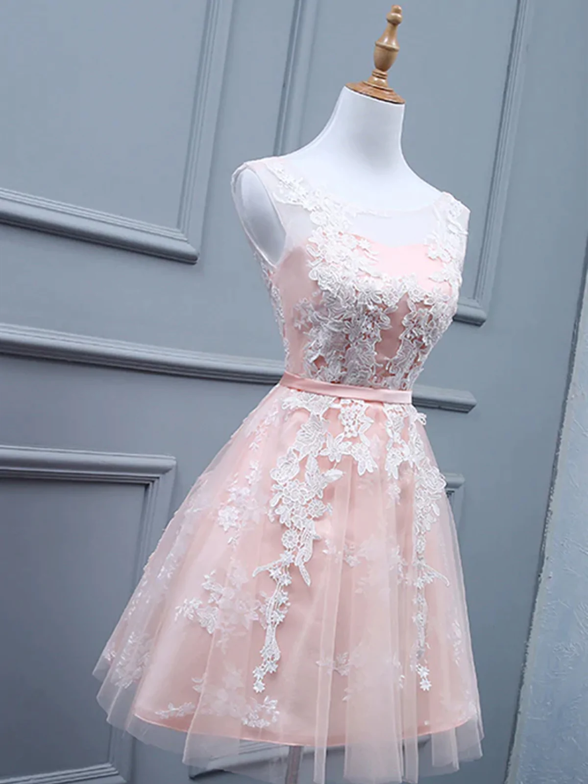Light Pink Short Lace Prom Dresses, Light Pink Short Lace Graduation ...