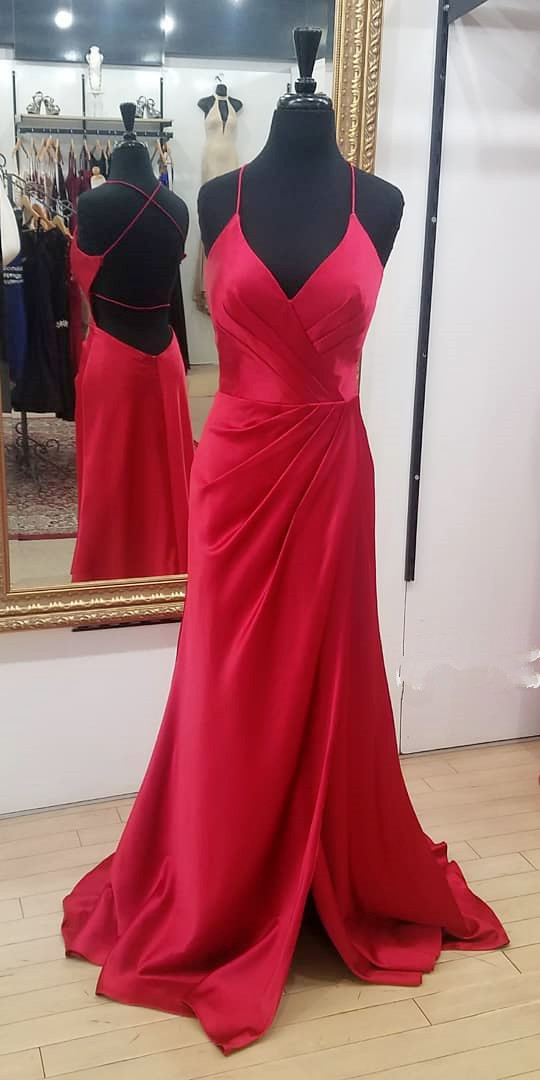 Gorgeous Red Strapless A-line V-Neck Long Prom Dress,Split Backless ...