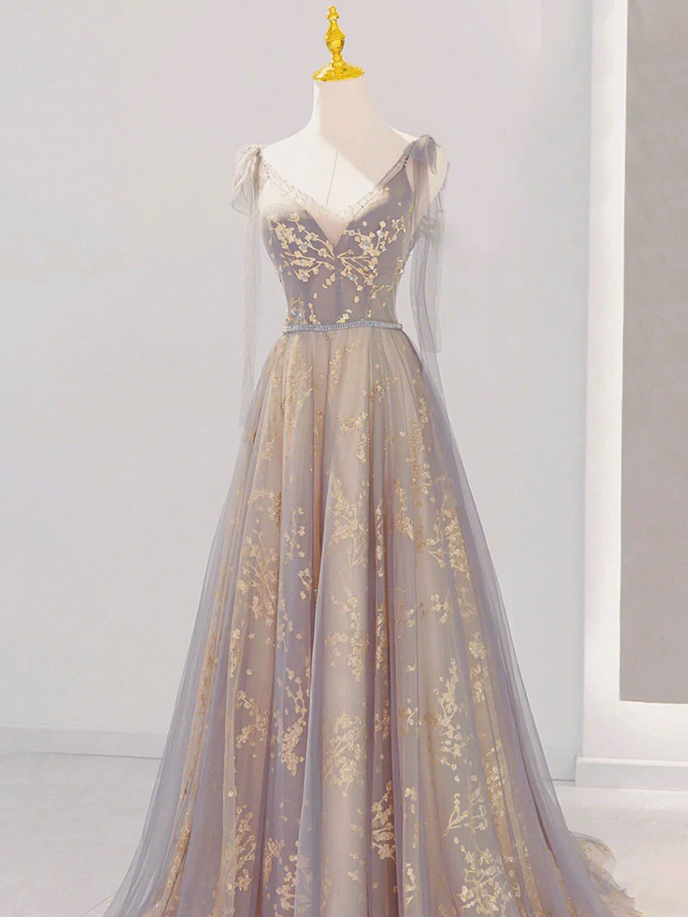 Elegant A-line V Neck Tulle Sequin Lace Formal Prom Dress, Beautiful ...