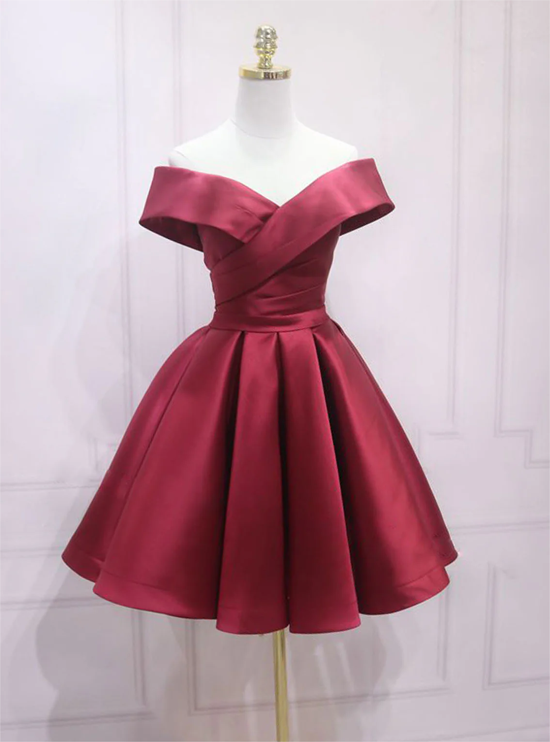 A-line Off Shoulder Satin Burgundy Short Prom Dress, Burgundy ...
