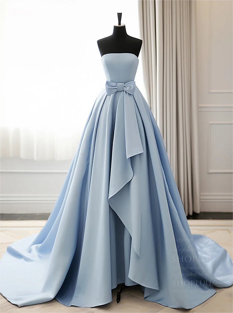 Prom Dresses, A-line Blue Satin Long Prom Dress, Simple Satin Long ...