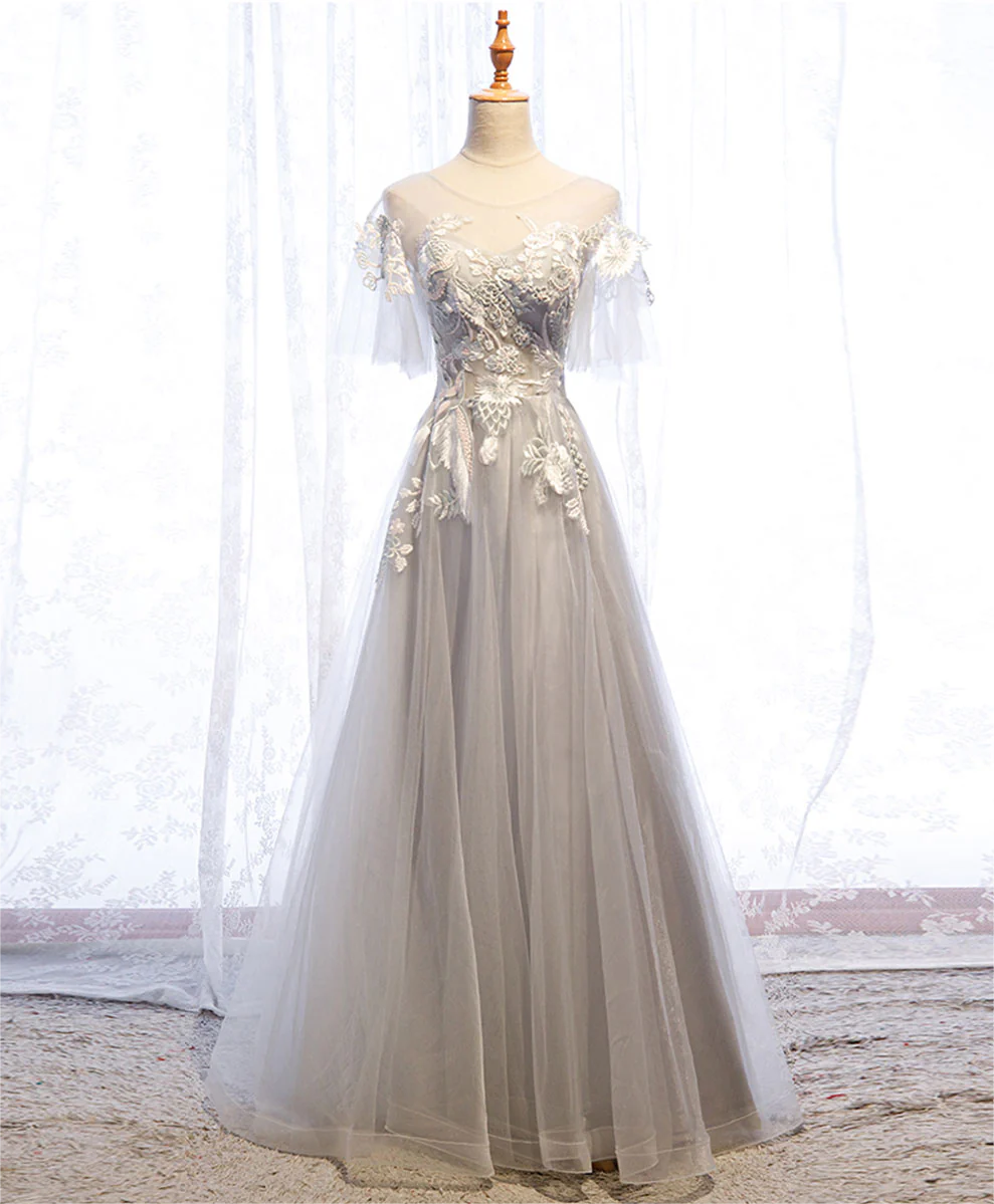 Prom Dresses,gray Aline Lace Long Prom Dress, Gray Tulle Lace Formal ...