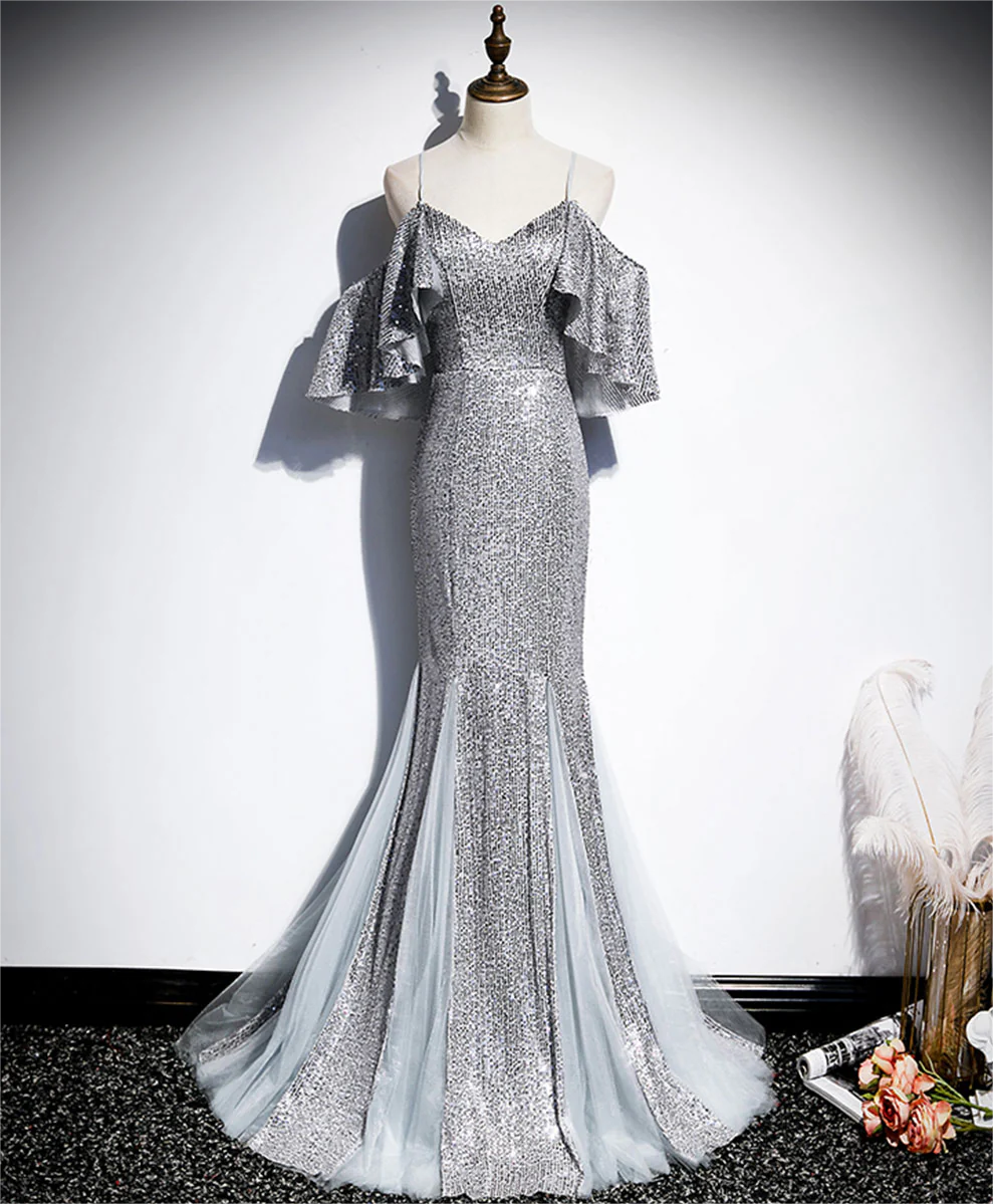 Prom Dresses,gray V Neck Sequin Mermaid Long Prom Dress Gray Formal ...