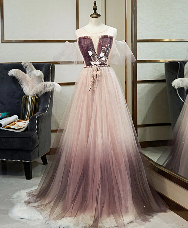Prom Dresses,unique Tulle Round Neck Lace Long Prom Dress Tulle Evening ...