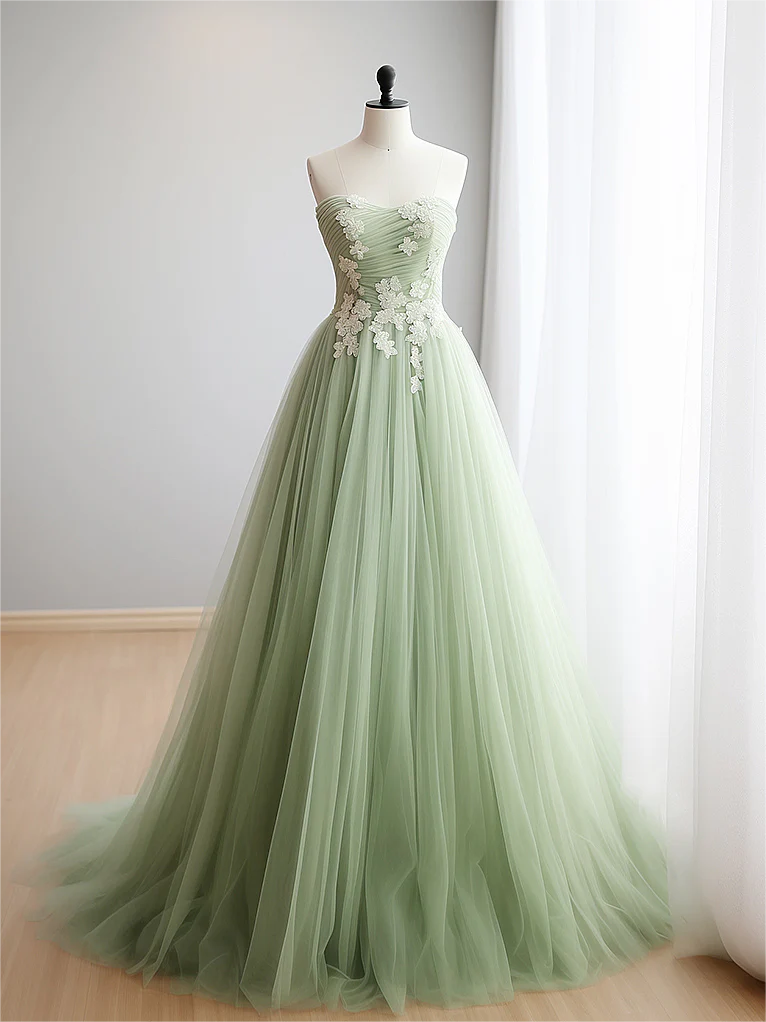Prom Dresses,a-line Sweetheart Neck Tulle Lace Applique Green Long Prom ...