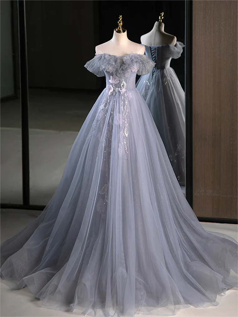Prom Dresses,a-line Off Shoulder Tulle Lace Gray Blue Long Prom Dress ...