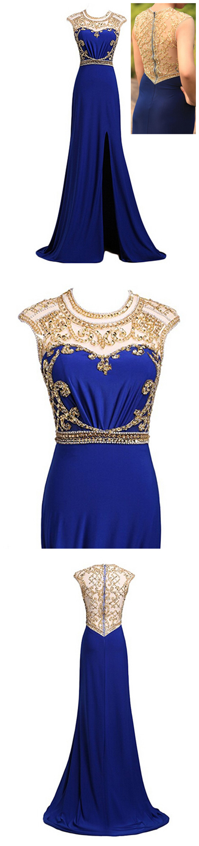 Women's Scoop Chiffon Prom Dress Column Beaded Evening Dress Sexy Prom ...