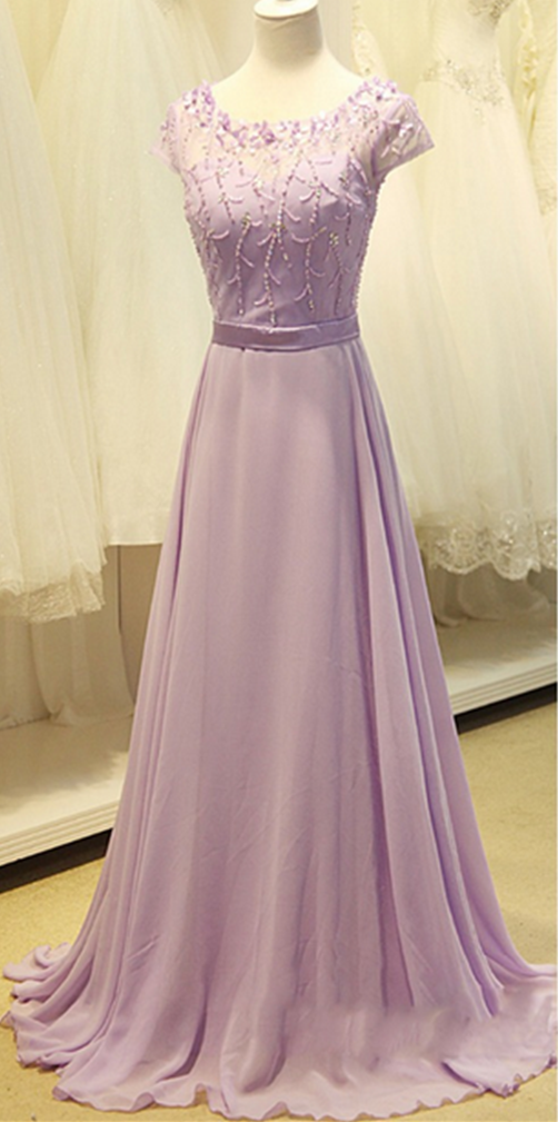Prom Dress,modest Prom Dress,cap Sleeve Light Purple Long Chiffon Prom ...
