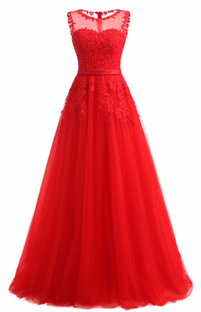 Red Evening Dress 2017 Formal Dresses Tulle Appliques Long Party Dress ...
