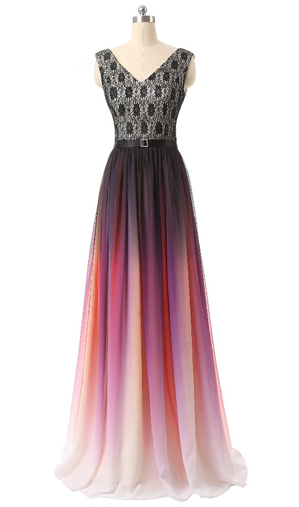 Elegant Long Evening Dress Floor-Length V-neck Chiffon With Sashes 2017 ...
