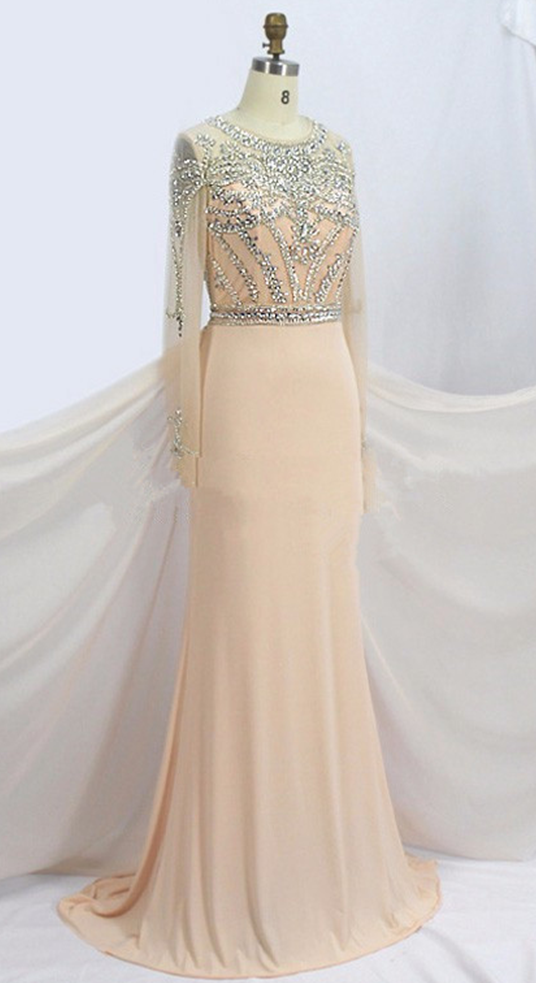 Long Sleeve Mermaid Robe De Bal Longue Illusion Hand Made Tulle Crystal ...